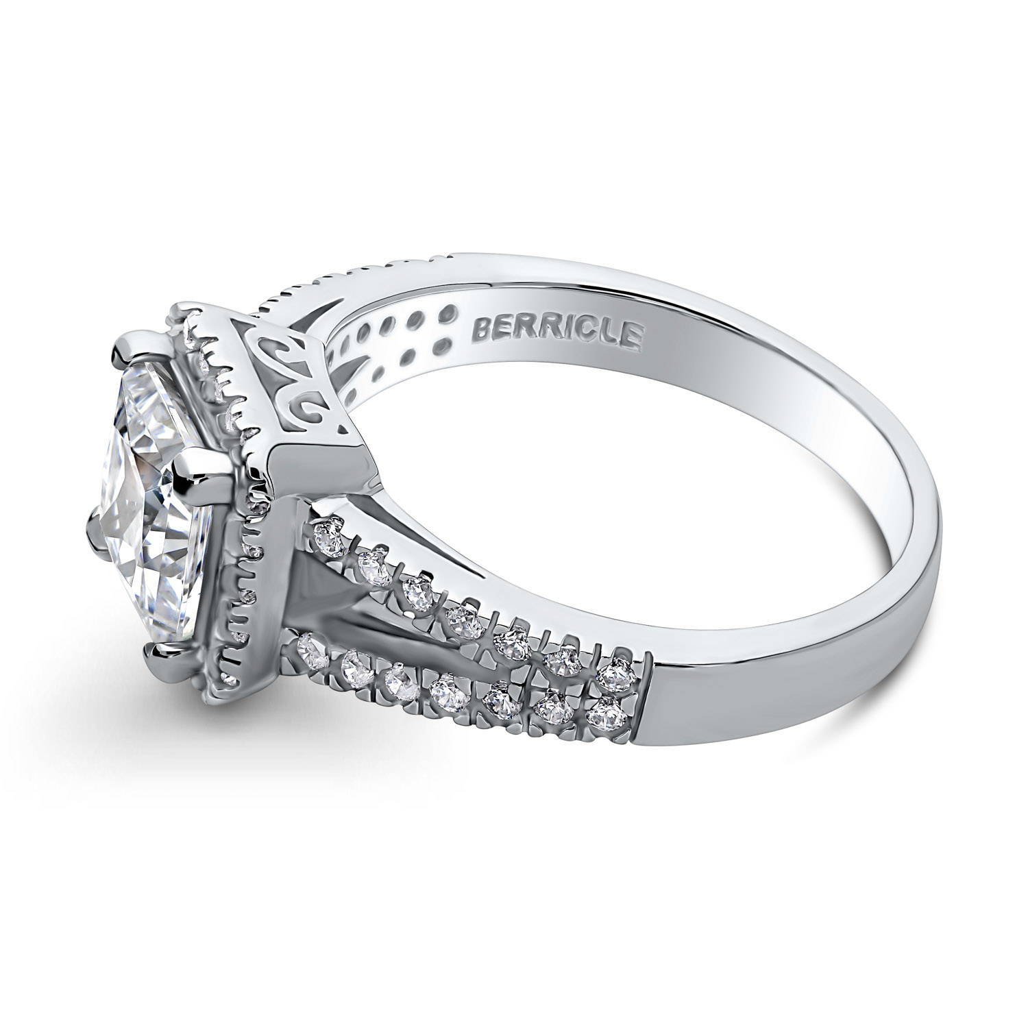 BERRICLE Sterling Silver Halo Wedding Engagement Rings Princess Cut Cubic Zirconia CZ Promise Split Shank Ring for Women, Rhodium Plated Size 7