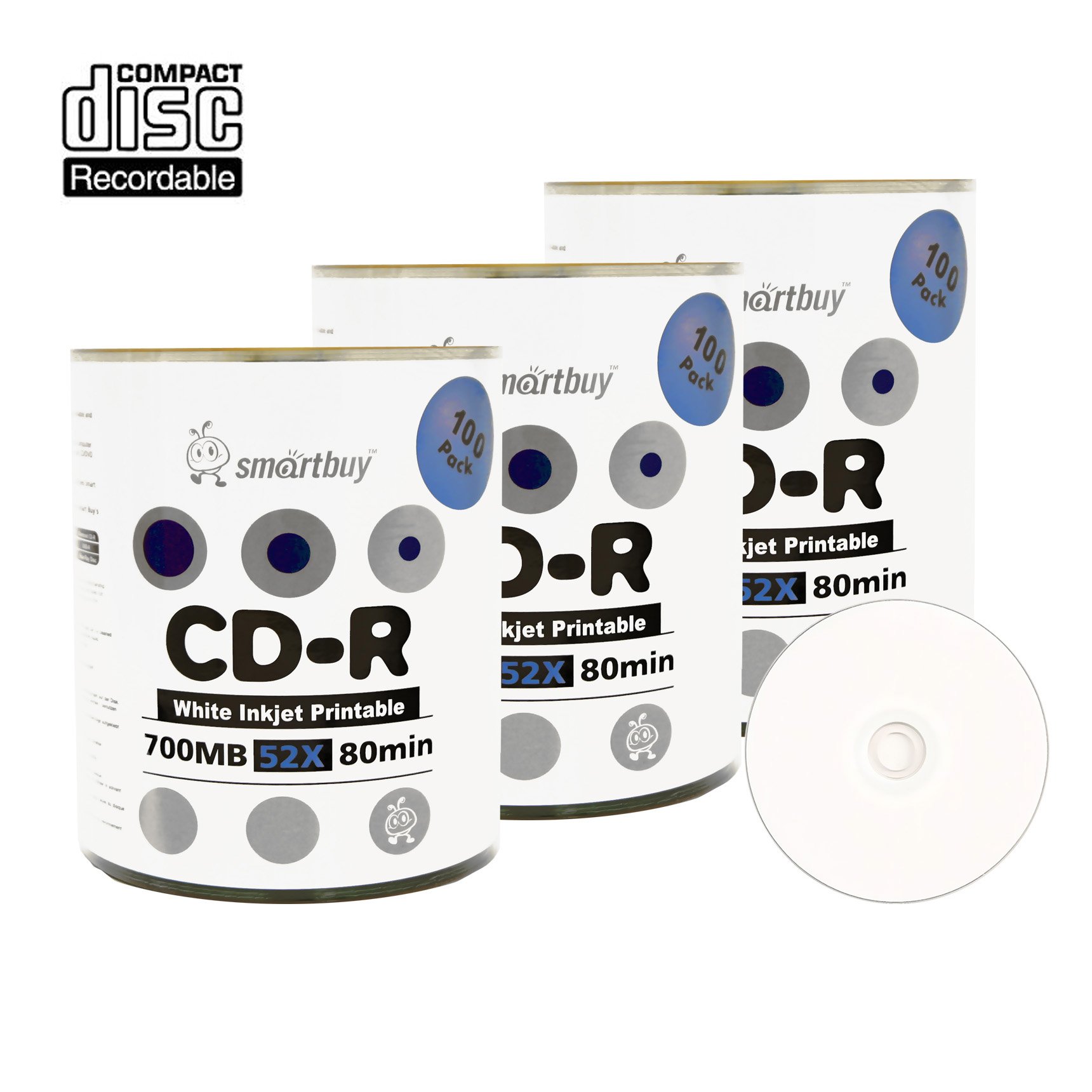 Smart Buy CD-R 300 Pack 700mb 52x Printable White Inkjet Blank Recordable Discs, 300 Disc, 300pk