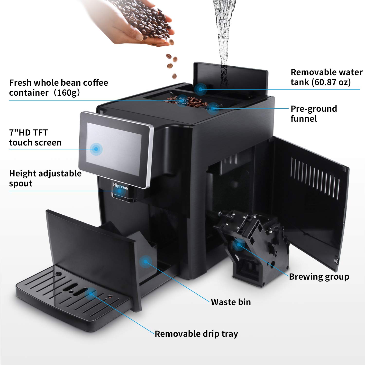Hipresso Super Fully Automatic Espresso Coffee Machine-7" HD TFT Touchscreen with Milk Frother 19 Bar Pressure