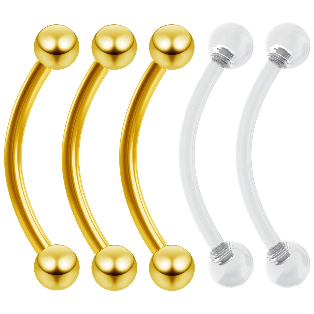 Bling Piercing 3pc 16g Curved Barbell 16g Vertical Labret Eyebrow Lip Bar Gold Cartilage Earring 8mm - 2pc Retainer