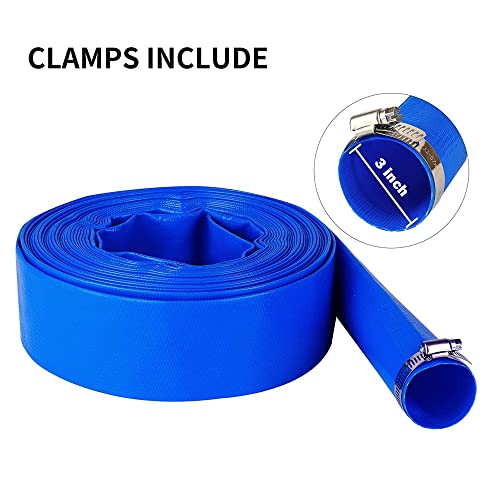 DAVCO 3" x 50 ft Pool Backwash Hose, Heavy Duty Reinforced Blue PVC Lay Flat Water Discharge Pump Hoses For Swimming Drain Pools and Clean Filters,with 1 Clamp
