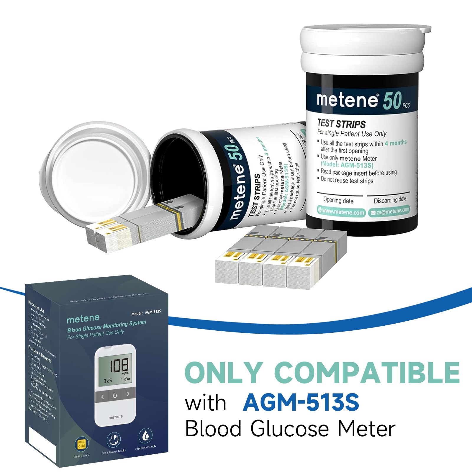 Metene AGM-513S Test Strips for Diabetes, 100 Count Blood Glucose Test Strips, Use with Metene AGM-513S Blood Glucose Monitoring System Only (No Monitor)