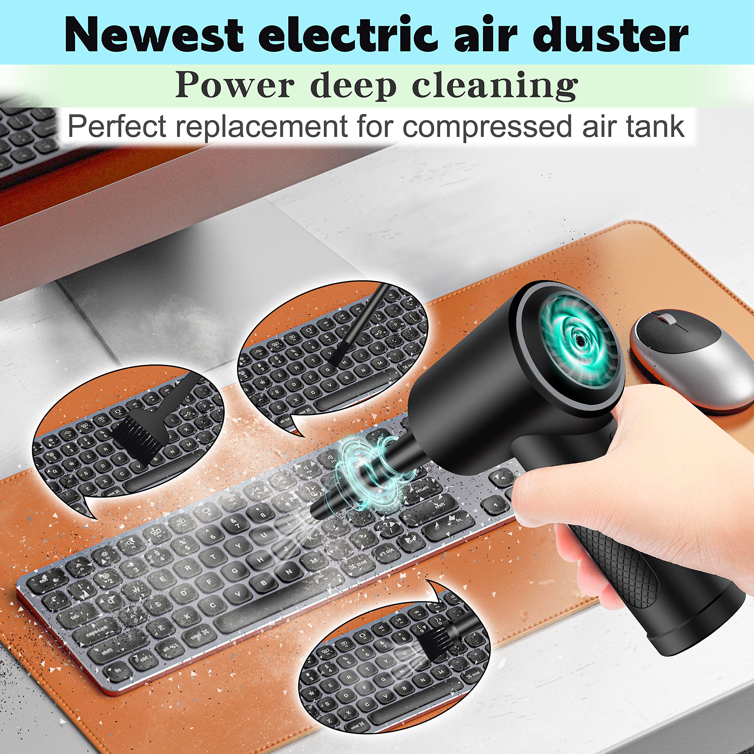 Compressed air Duster, LED 100000RPM 3 Gear Rechargable Keyboard Cleaner, 7600mAh Electric air Duster, Replace Canned air Duster Compressed air, Reusable no air can Duster, pc Computer Cleaner