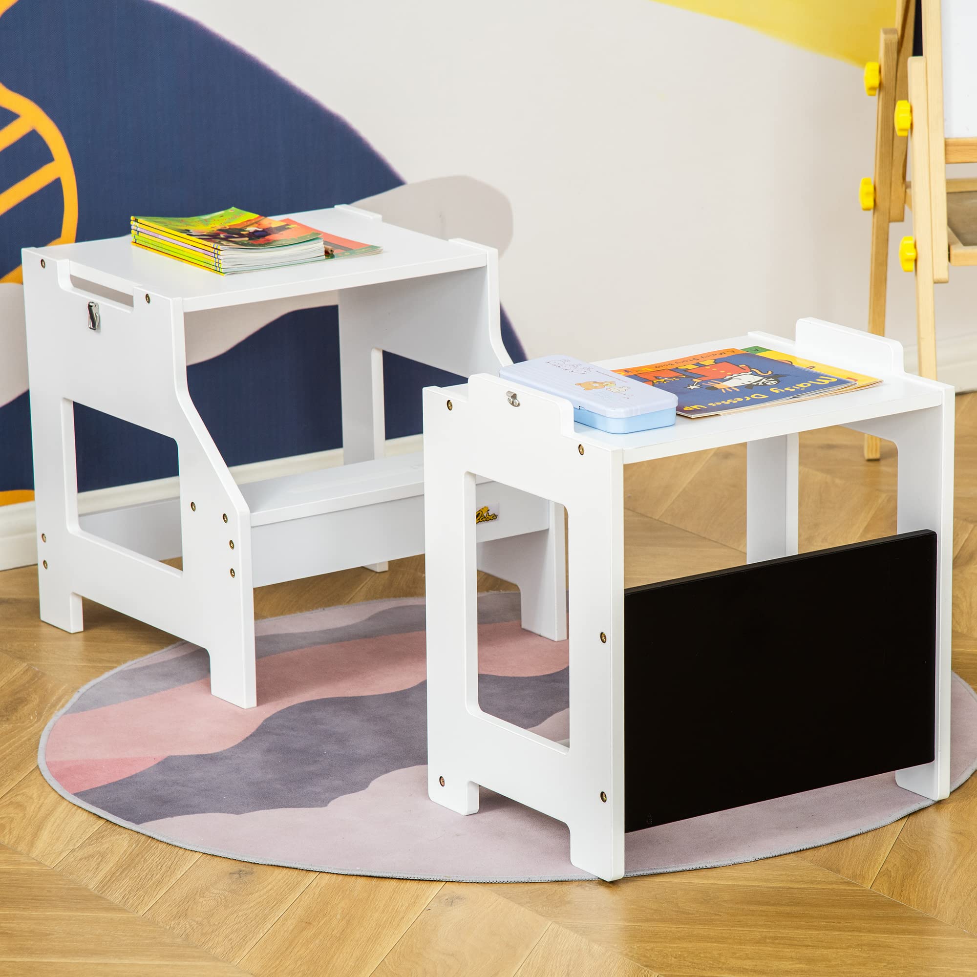 Qaba Kids Kitchen Step Stool, 2 in 1 Kitchen Table Set Toddler Standing Tower with Chalkboard, Safety Rail for Kitchen, Bathroom, Bedroom, White