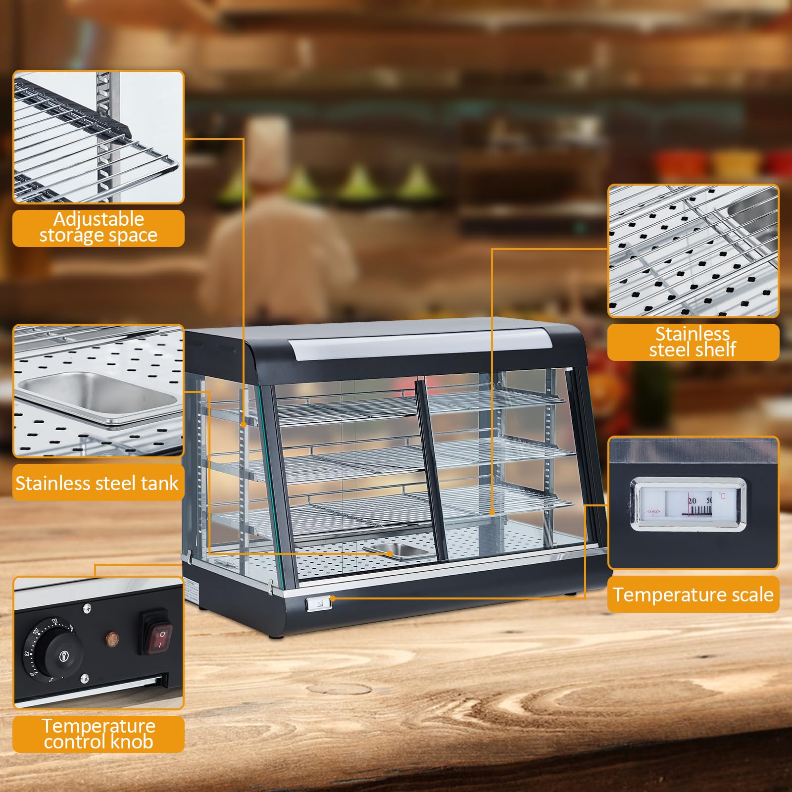 Commercial Food Warmer Display, 35" 3-Layer Pizza Warmer Cabinet with 3D Heating, Countertop Pastry Warmer, Temperature and Light Contral, Stainless Steel Framed Glass Door