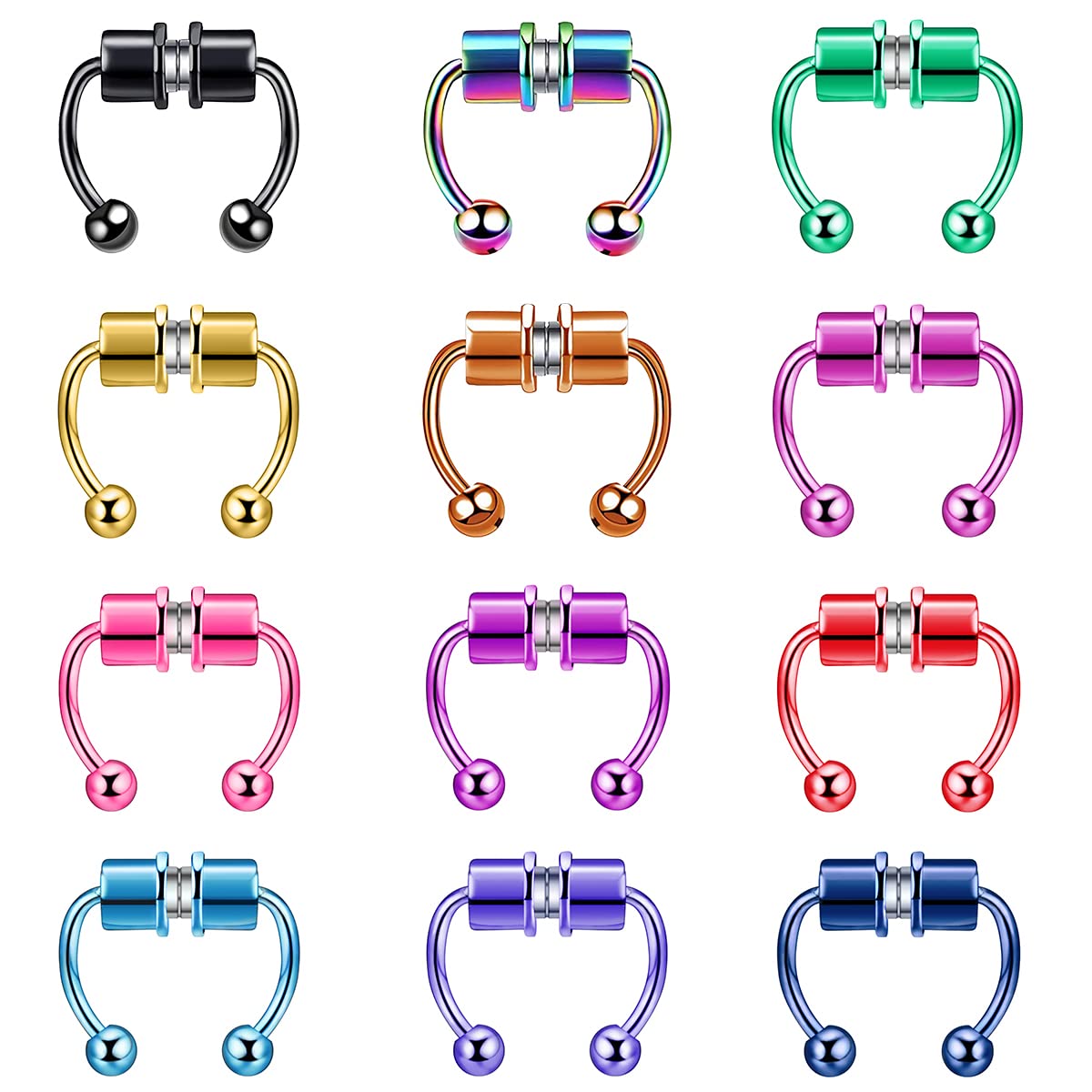 BELLNA Fake Nose Rings, Fake Septum Fake Nose Ring Horseshoe Stainless Steel Magnetic Nose Rings For Women Men Colorful, Fake Nose Rings Septum Rings Non-Pierced Clip On Nose Hoop Rings Jewelry 12pcs