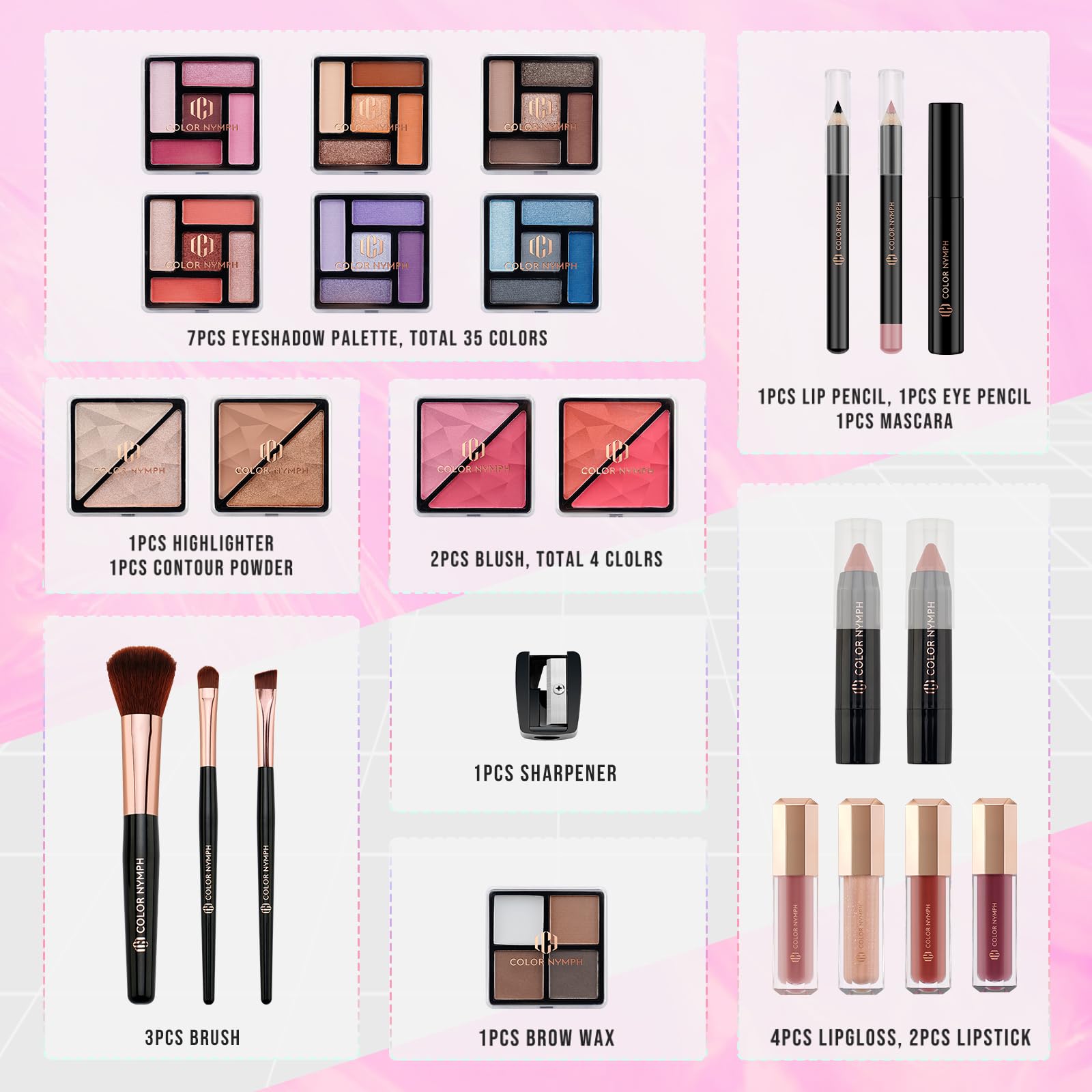 Color Nymph Beginner Makeup Kits For Teens With The Delicate Handbag Included Eyeshadow Palette Blushes Bronzer Highlighter Lipstick Brushes Mirror(Pink)