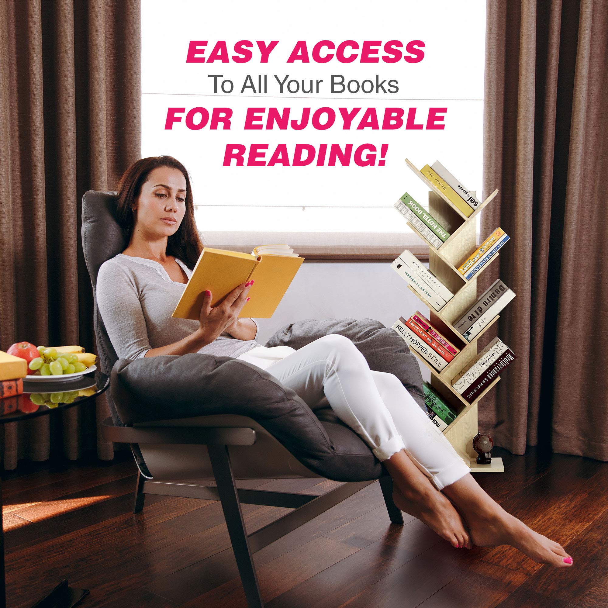 Berry Ave 9-Tier Tree Bookshelf - Unique Bookshelf for Books, Magazines, DVDs & More- Space Saving Spine Book Tower - Free Standing Bookcase in Modern Design for Home & Office Use (White)