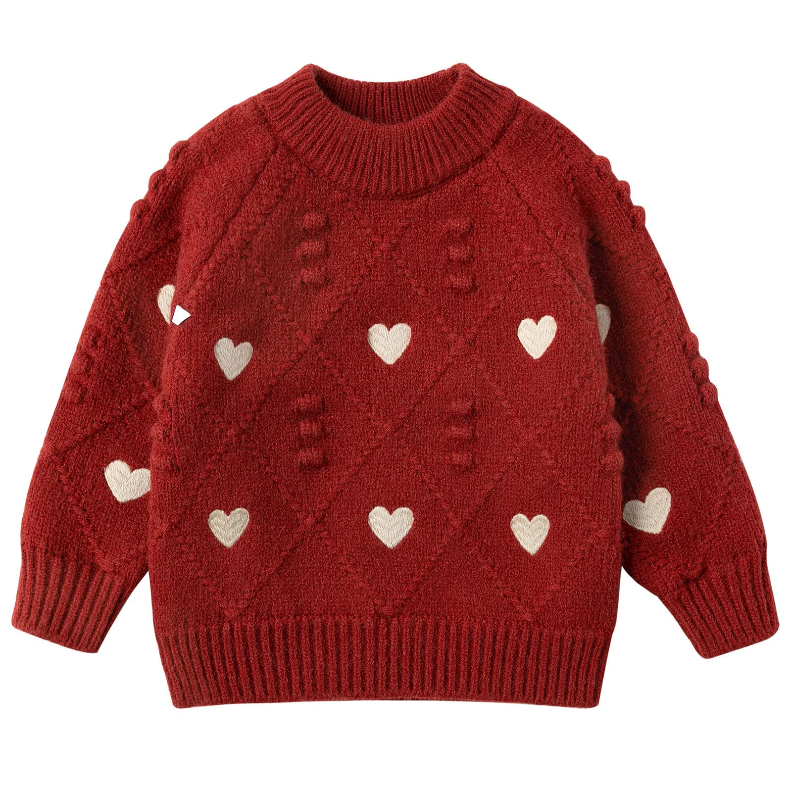 Curipeer Baby Girls Knitted Pullover Sweater Embroidered Romantic Heart Spring Outfit Sweater Red 3T