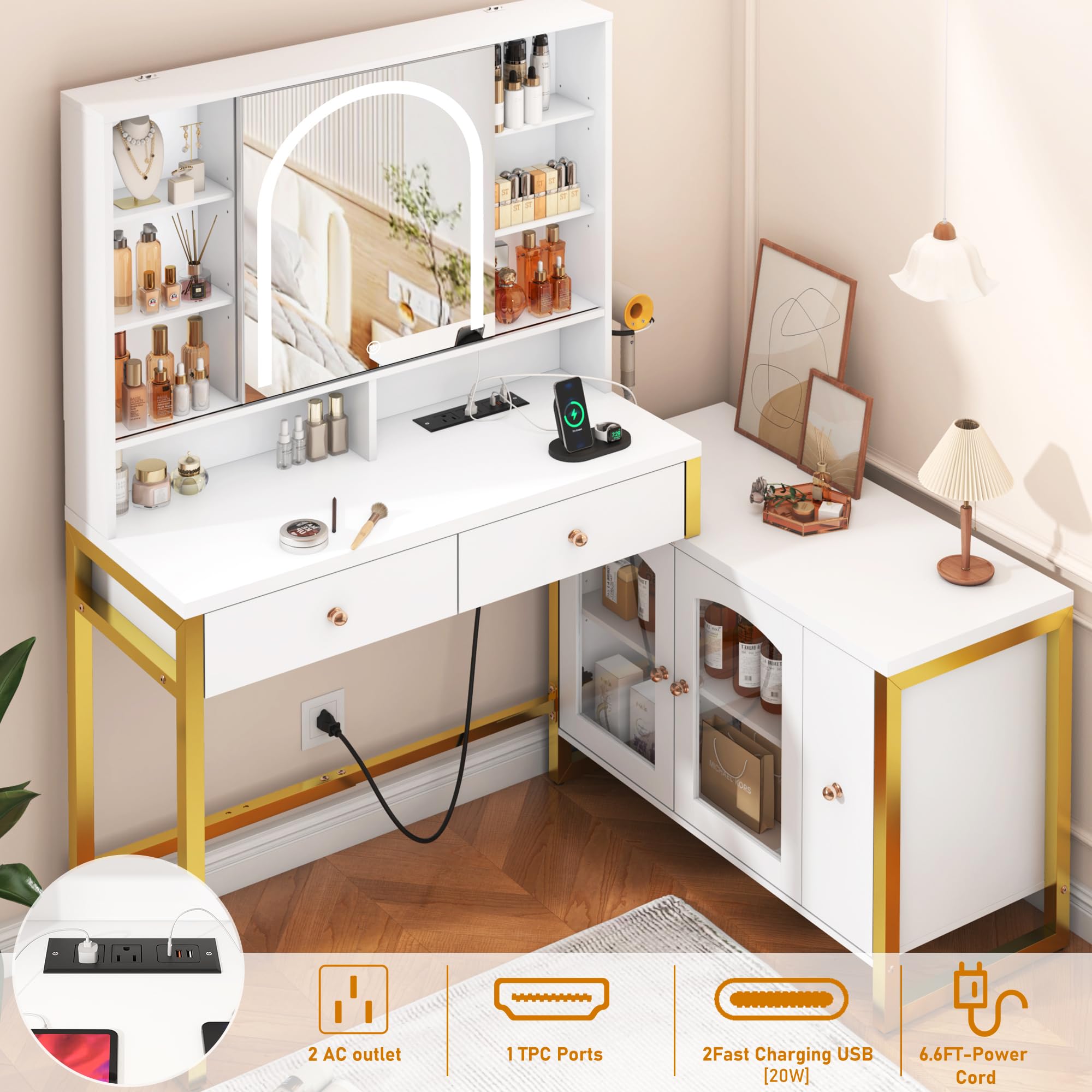 chartustriable 62" Large Vanity Desk with Mirror and Lights 3 Lighting Modes, Vanity Dresser with Charging Station and 2 Drawers, Modern LED Vanity with Storage Shelves for Bedroom, White