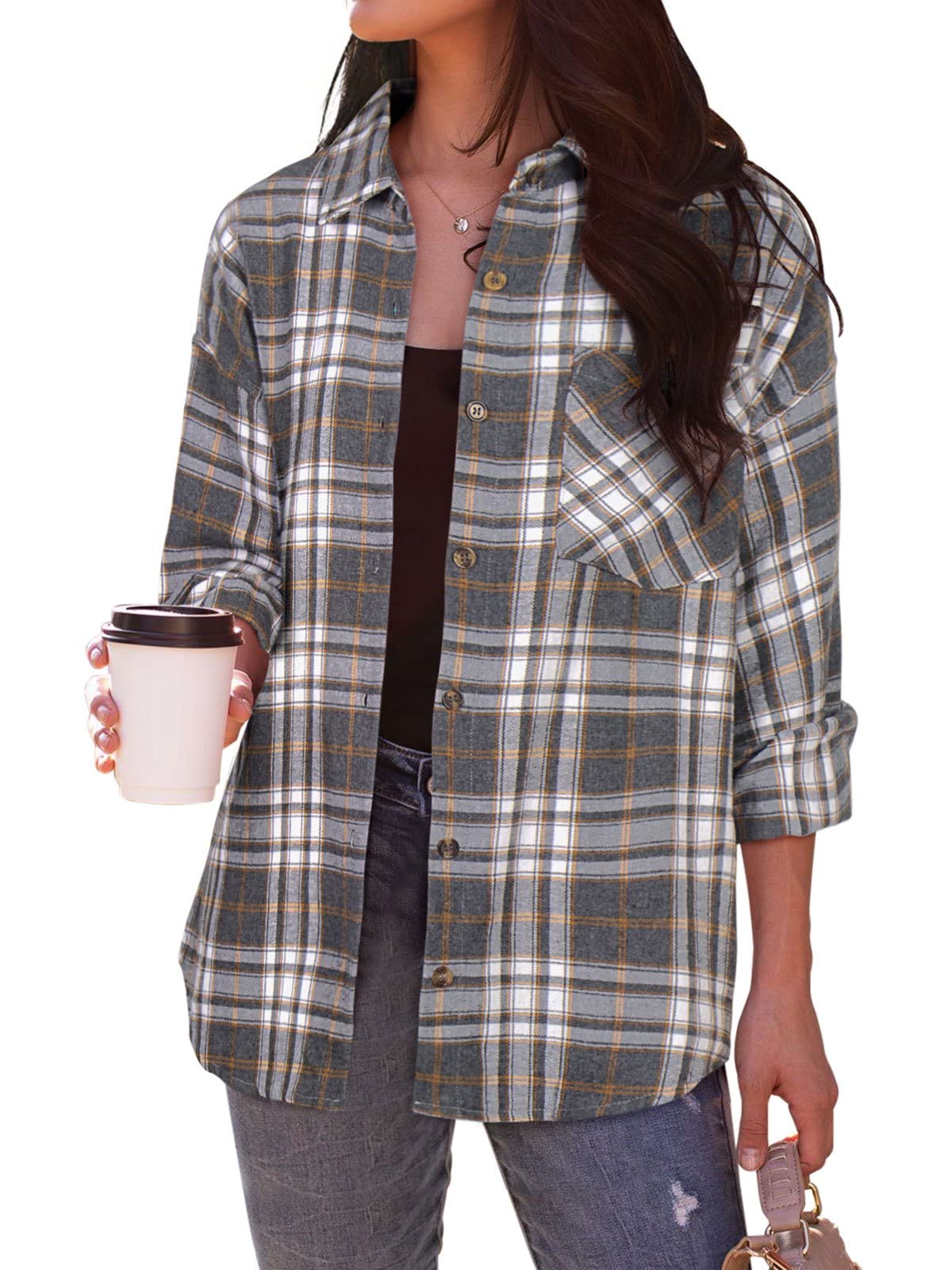 Berryou Flannel Shirts for Women Casual Plaid Button Down Shirt Long Sleeve Blouse Tops Grey L