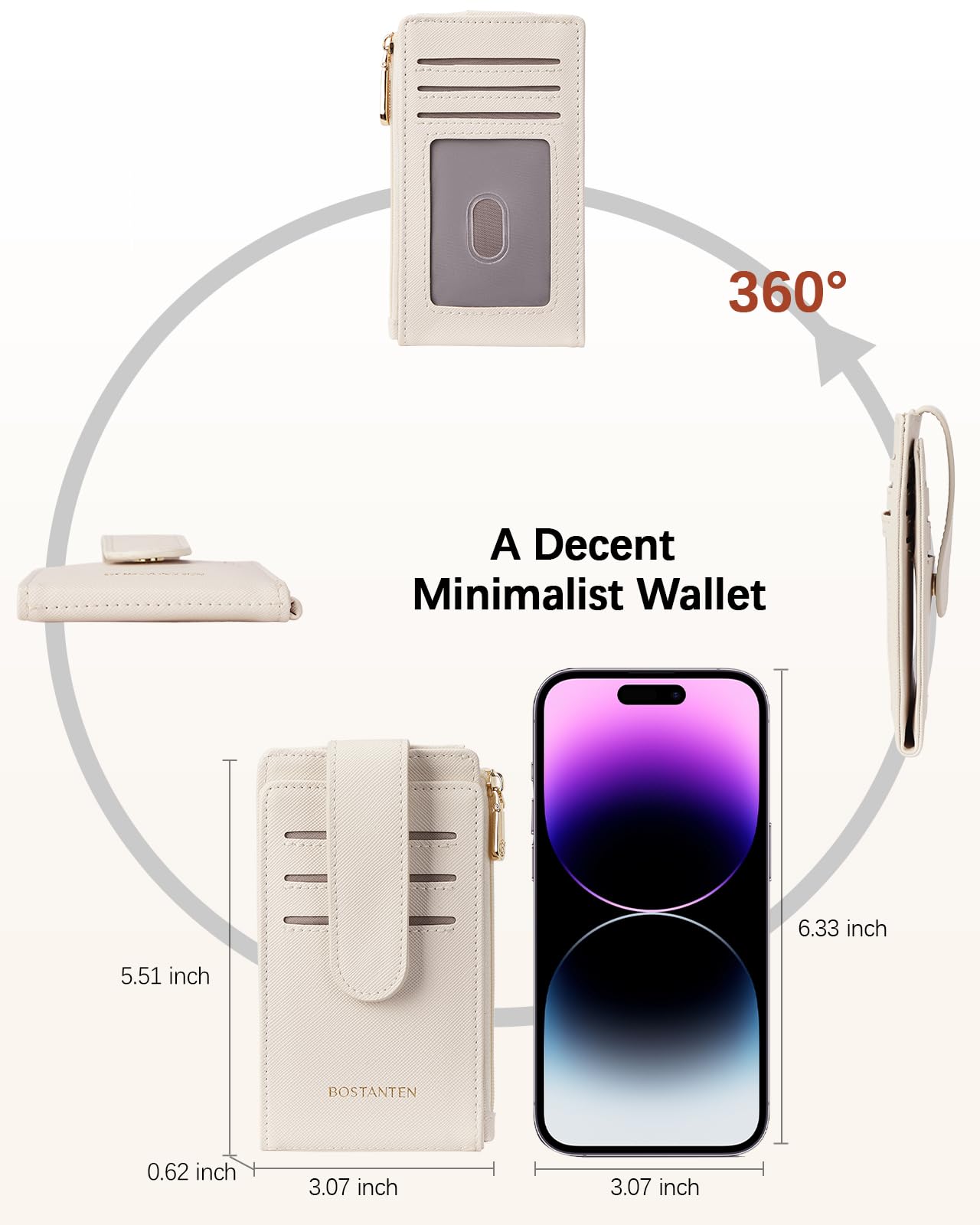 BOSTANTEN Slim Wallet Women RFID Blocking Card Holder Leather Bifold Wallet with Zipper Pocket Beige