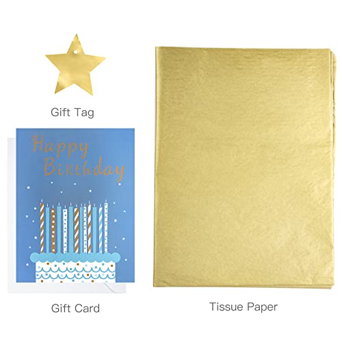 MAYPLUSS 16" Birthday Large Gift Bag with Greeting Card and Tissue Paper for Birhtday - Blue Gold Foil Candle Design