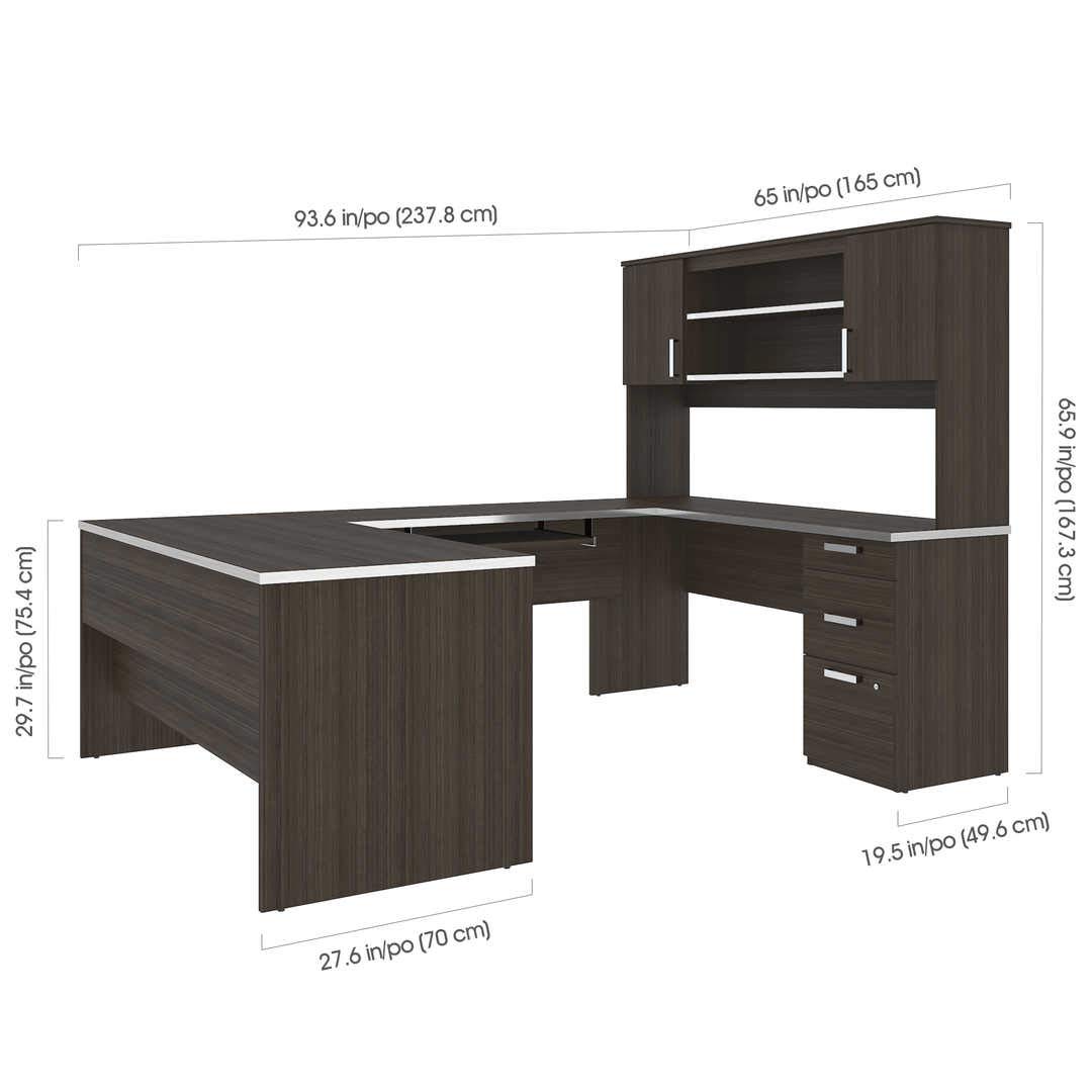 Bestar Universel 65W U-Shaped Executive Desk with Pedestal and Hutch in Dark Chocolate