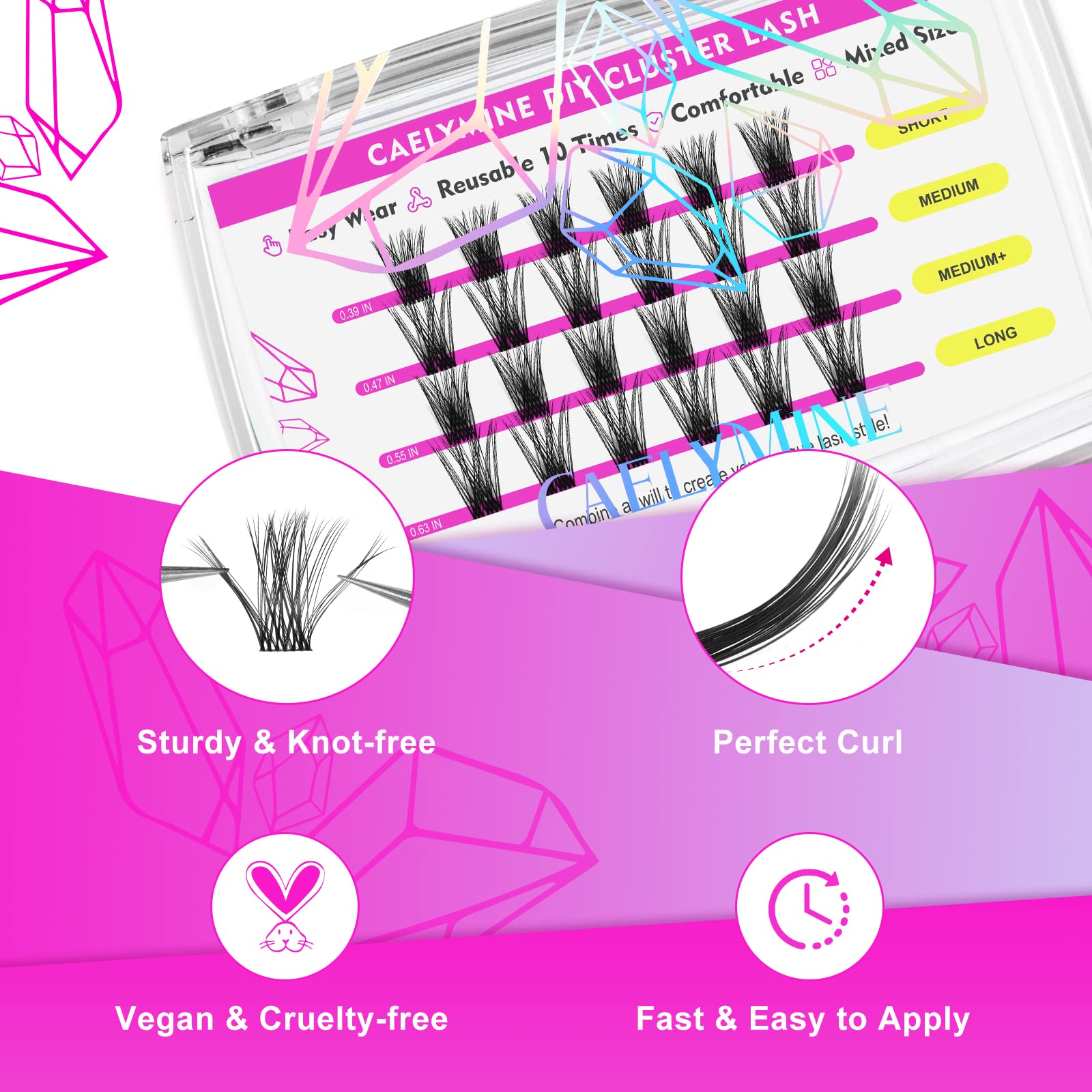 CAELYMINE DIY Eyelash Extension,Cluster Individual False Eyelashes Extension Natural Look Reusable Glue Bonded Black Super Thin Band 24 Lash Clusters Mix(703)