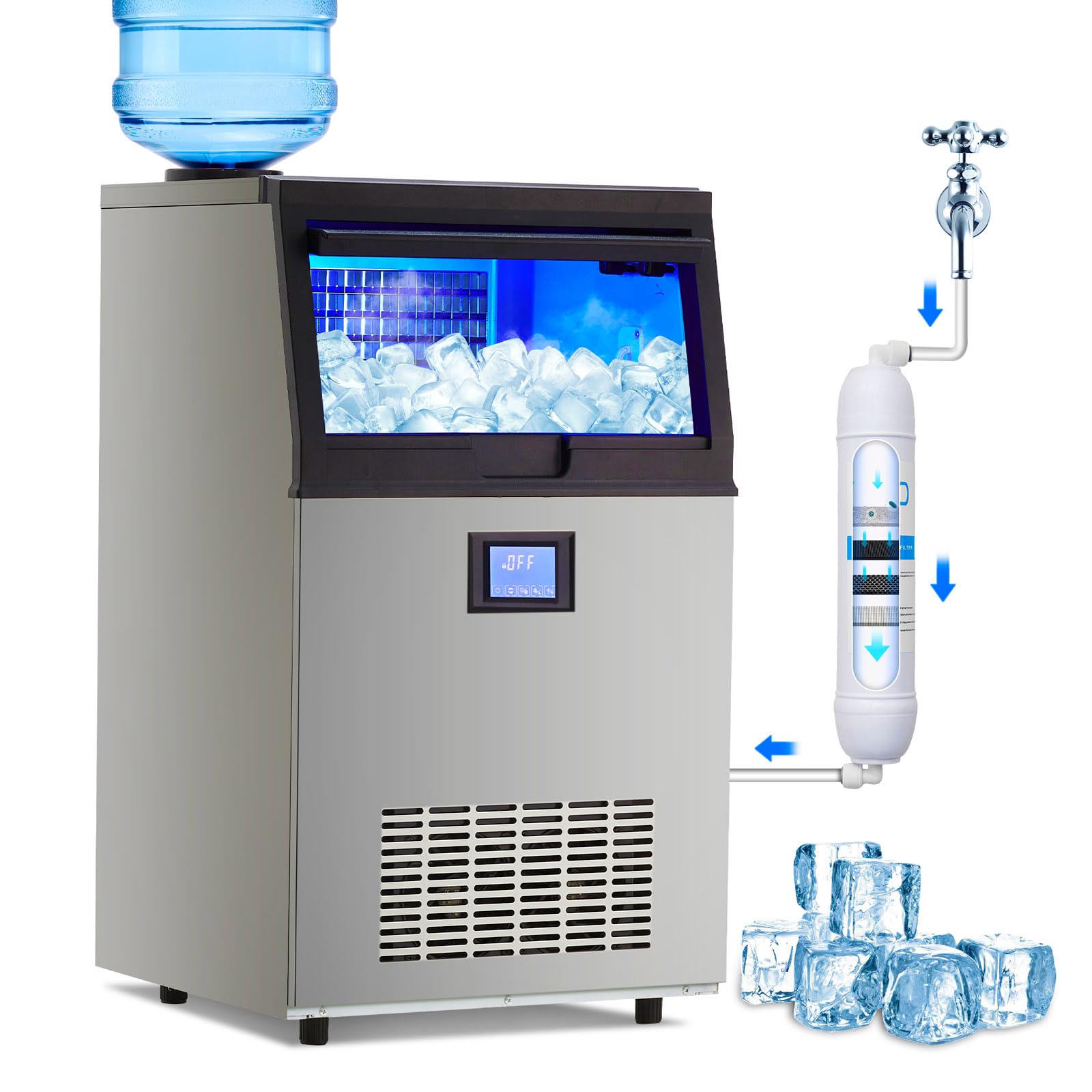 Commercial Ice Maker, 100lbs/24H, Ice Maker Machine, 50 Ice Cubes in 8-15 Minutes, Freestanding Cabinet Ice Maker with 33lbs Storage Capacity for Bar Home Office Restaurant, 2 Water Inlet Modes