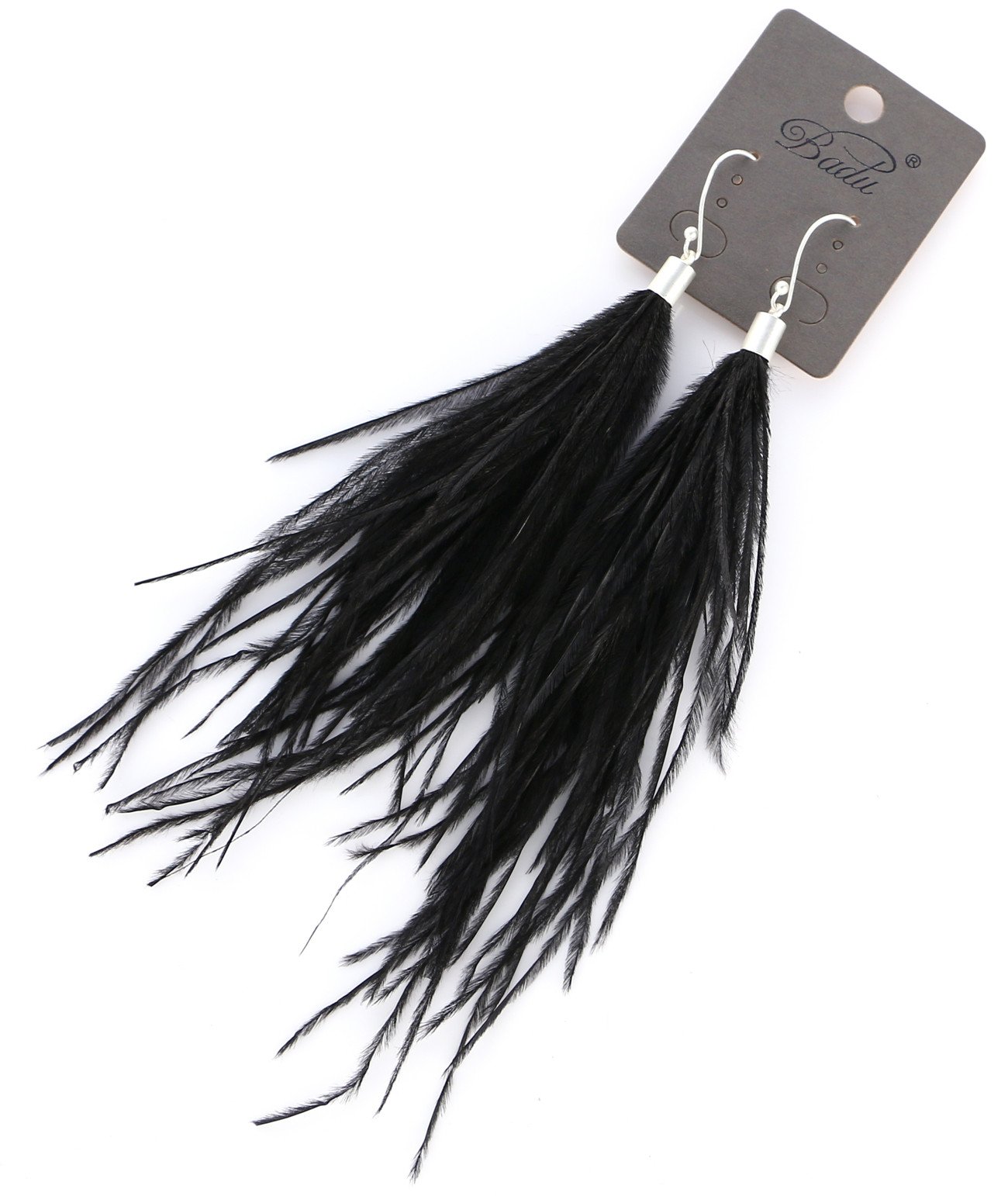Black Feather Women Earrings Bohemian Long Drop Black Light Wedding Accessories (Black, silver-plated-base)