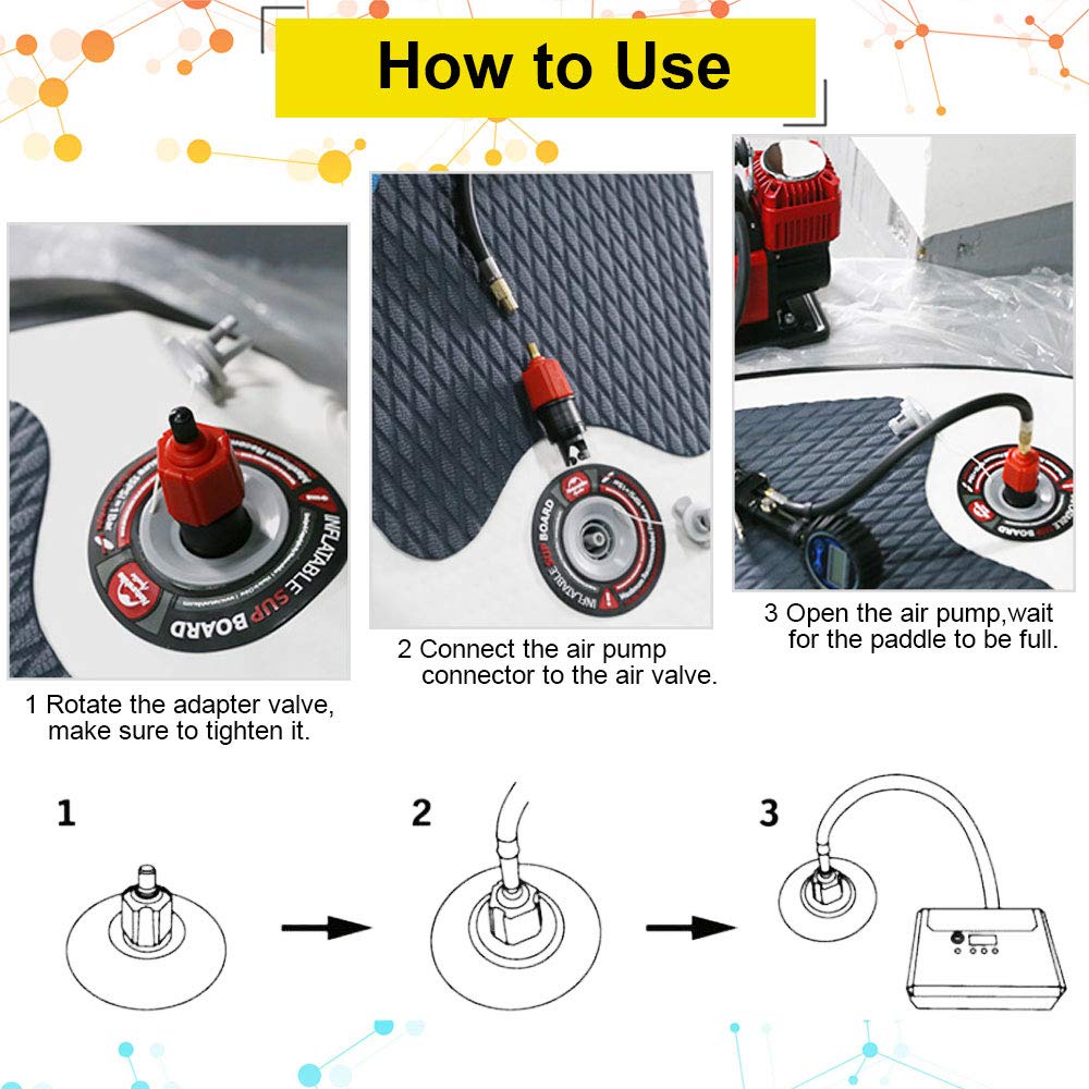 BUZIFU Air Pump Valve Multifunction Inflatable Schrader Valve Adapter SUP Pump Adaptor Air Valve Converter with 4 Standard Conventional Air Valve Nozzles for Inflatable Boat Bed Stand Up Paddle Board