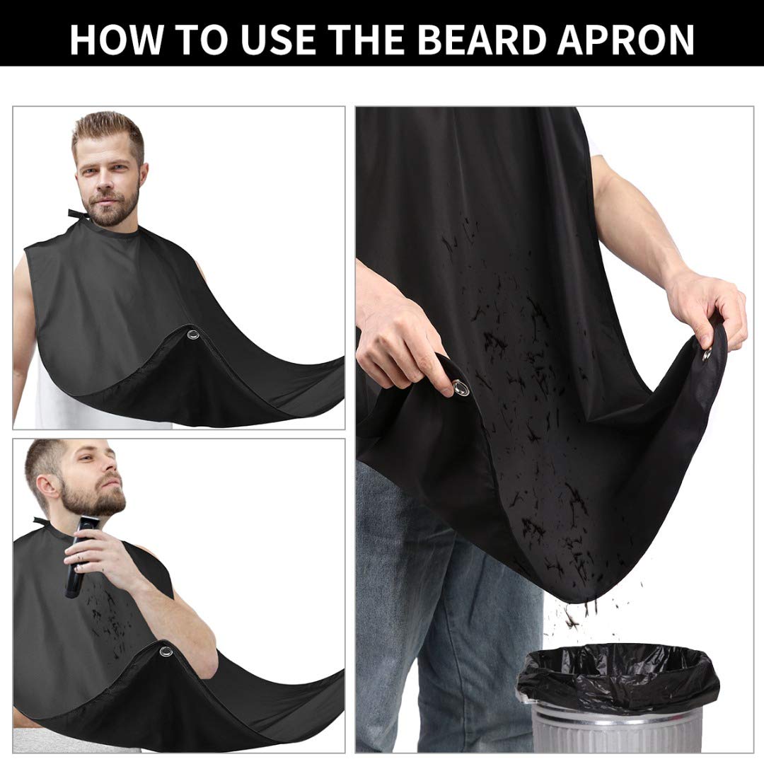 Beard Apron Cape, 6 piece set Grooming Cape with Professional Shaving Comb Clippings Catcher and a Beard Scissors, Adjustable Neckline Waterproof Beard Cape,Grooming Cape with 2 Suction Cups