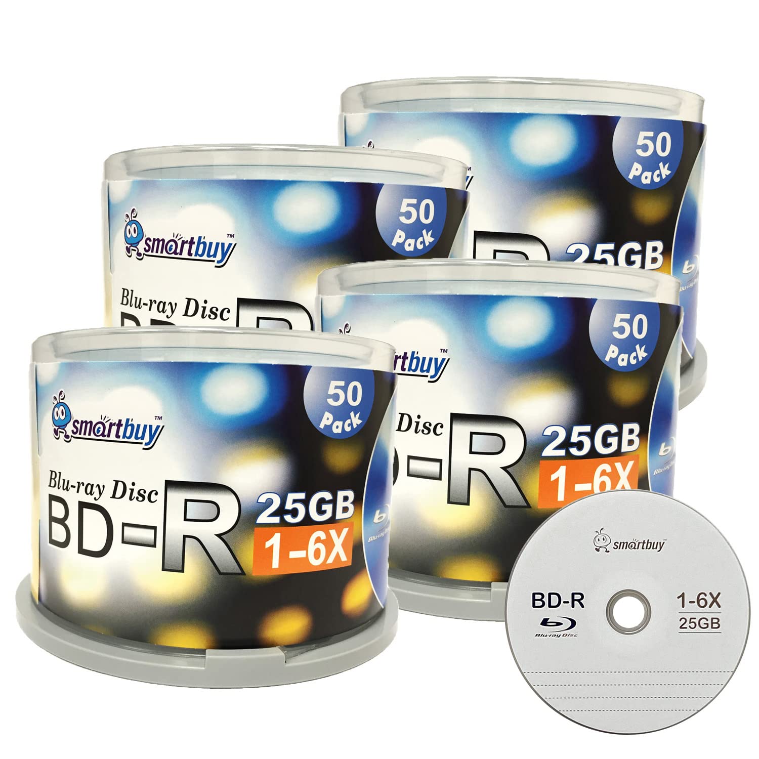 Smartbuy 200-disc 25gb 6X Bd-r BDR Blu-ray Single Layer Logo Top Surface Blank Data Recordable Media Disc with Cakebox/Spindle Packing