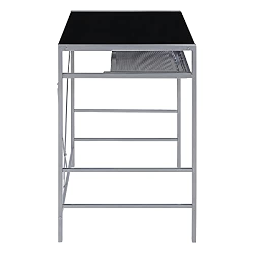 OSP Home Furnishings Zephyr Computer Desk with Keyboard Shelf and Tempered Glass Top, Black Glass and Silver Frame
