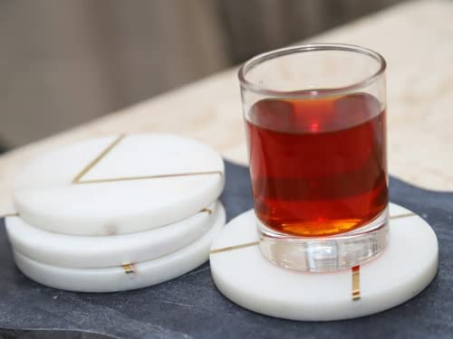 Hand Carved Natural White Marble Coasters - Set of 4 Half Mango Wood or Half Brass - Round Marble Coasters Set for Drinks. Brass/Wood & Marble Home Decor - Marble Coaster Set (Marble & Brass)