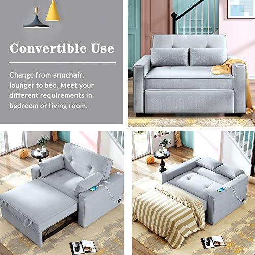 Merax 48 Inch Convertible Sleeper Bed, Multi-Functional Adjustable Sofa Couch Chair with Dual USB Ports and 2 Pillows, Gray(Linen)