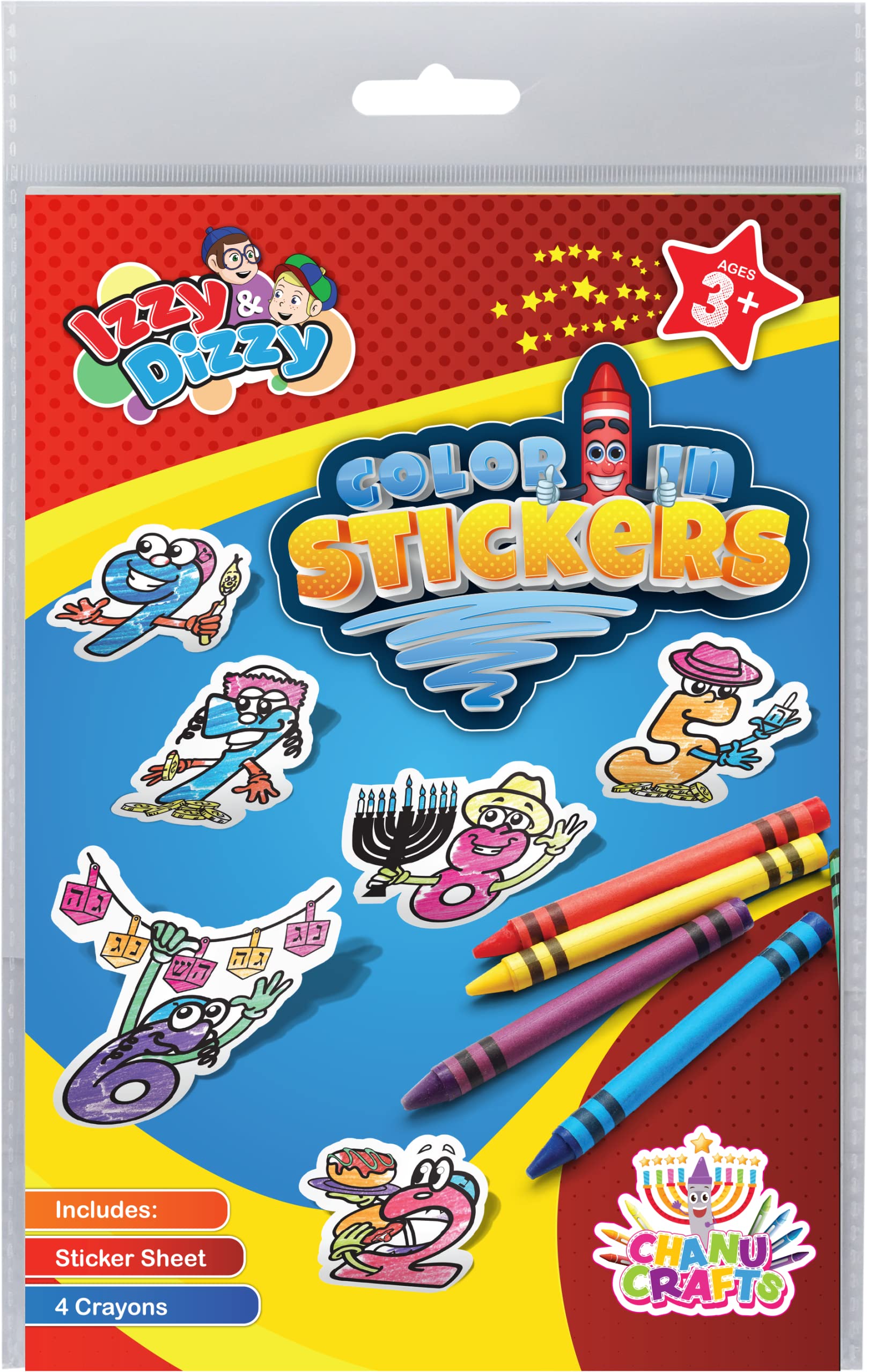 Izzy 'n' Dizzy Hanukkah Color-in Stickers Art Kit - Includes 8" x 6" board and 4 Crayons - Chanukah Arts and Crafts - Gifts and Games