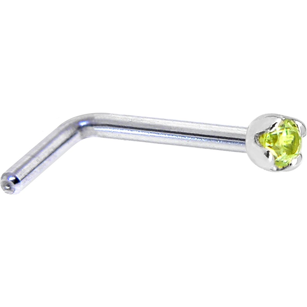 Body Candy Solid 14k White Gold 1.5mm Genuine Peridot L Shaped Nose Stud Ring 20 Gauge 1/4"