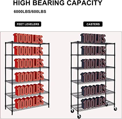 Heavy Duty 6 Tier Wire Shelving Unit Adjustable Storage Rack on Wheels 6000 Lbs Weight Capacity Metal Shelves Space Saving Wire Shelf Multifunctional Garage Shelving for Commercial Storage, Black