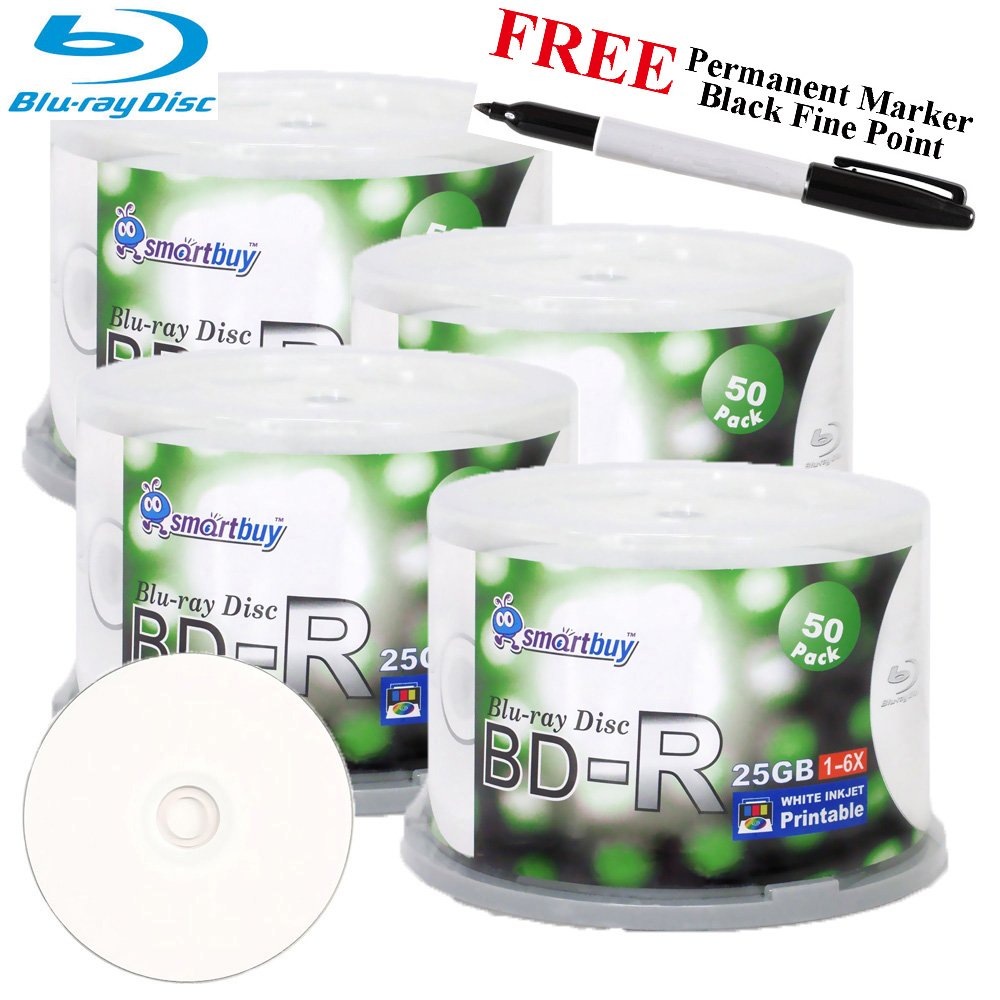 Smartbuy 200-disc 25GB 6X BD-R Blu-Ray White Inkjet Hub Printable Blank Media Disc + Black Permanent Marker