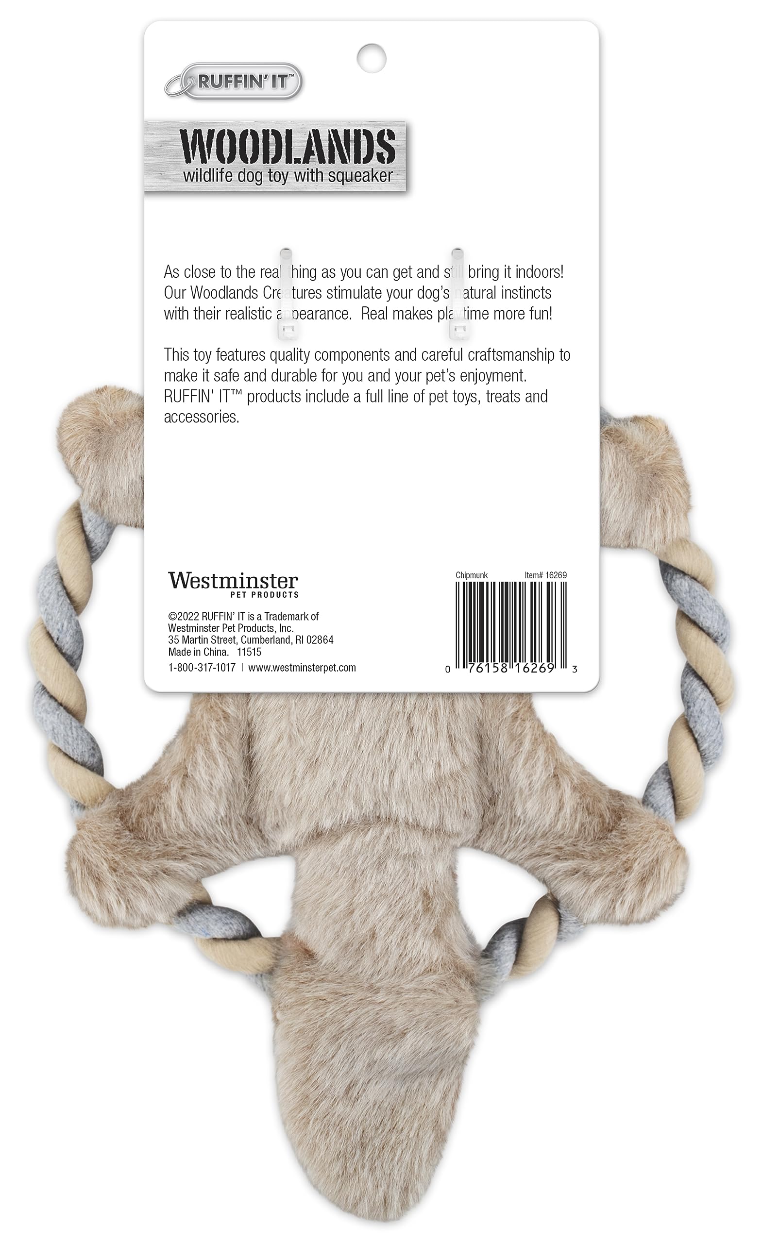 RUFFIN' IT Rhode Island Textile Woodlands Chipmunk Plush Dog Toy with Rope Chew Ring, Mutli, 8.5 inch (Pack of 1), All Breed Sizes