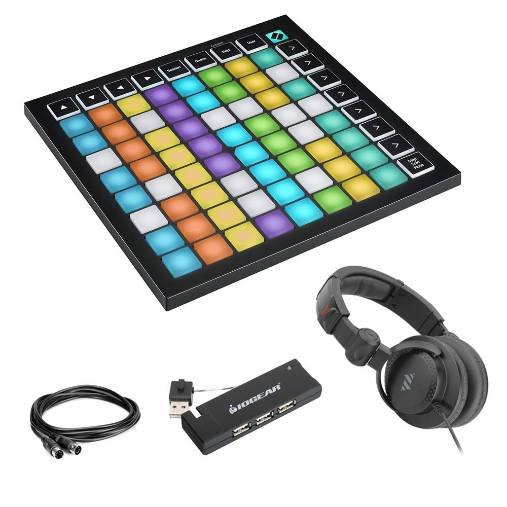Novation Launchpad Mini MK3 64-Pad MIDI Grid Controller Bundle with 4-Port USB Hub, Studio Headphones & MIDI Cable