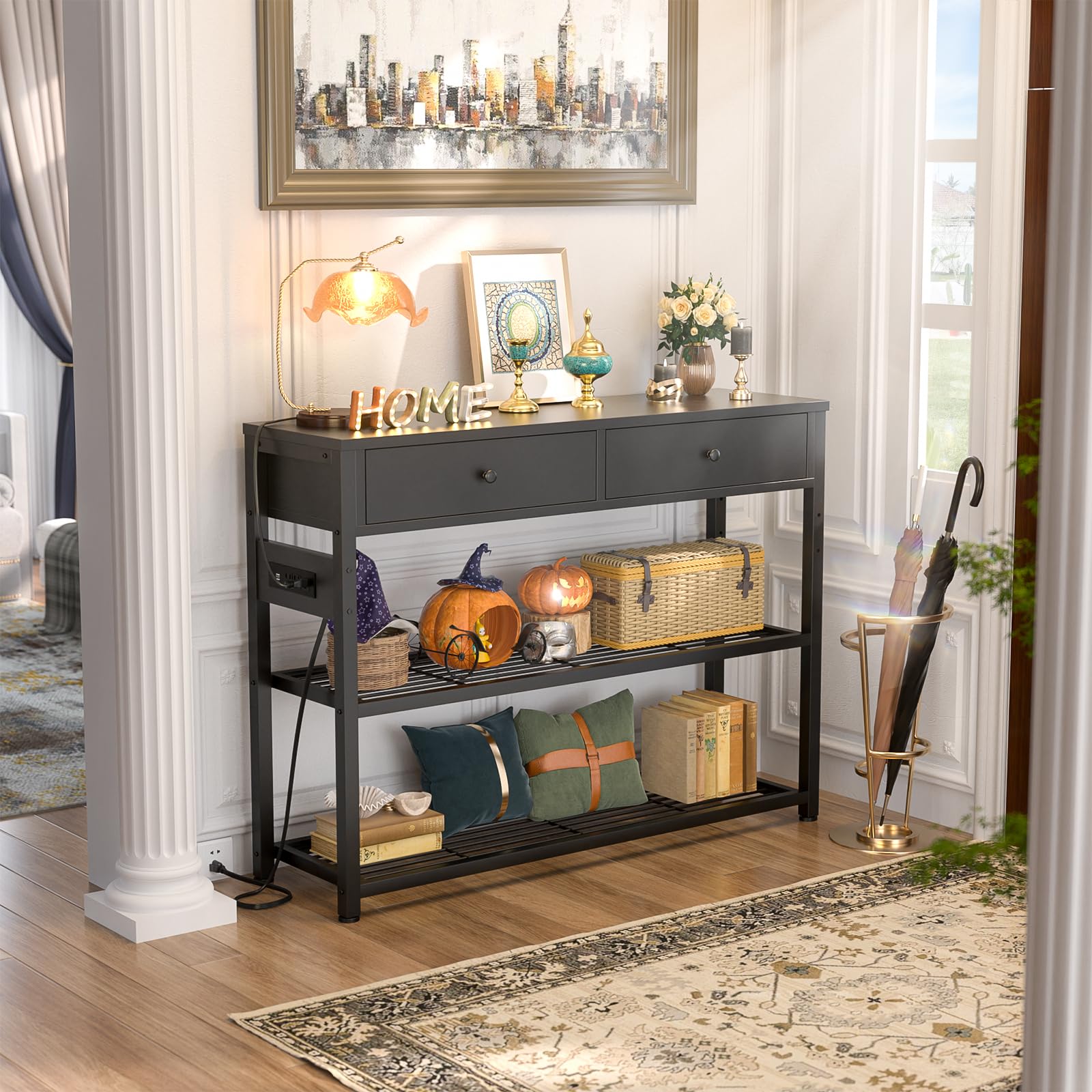 Besiost Small Entryway Table with Storage Shelves, 32'', Black