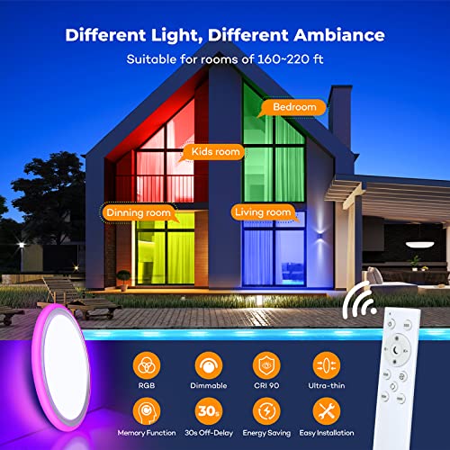 BLNAN RGB Led Flush Mount Ceiling Light with Remote Control, 13Inch 24W 2400LM 3000-6500K Dimmable Color Changing Light Fixture, Modern Round White Ceiling Lamp for Bedroom Kids Room Party Festival