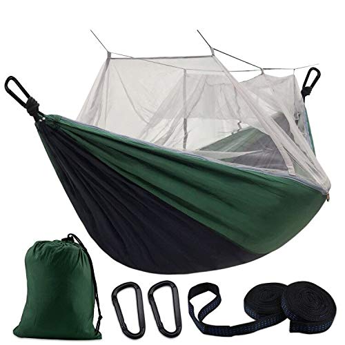 Camping Hammock, Double & Single Hammock with Bug Net/Mosquito, with Travel Portable Tree Straps and Carabiners, Easy Assembly, Lightweight Parachute Nylon Hammocks for Backpacking, Beach, Hiking