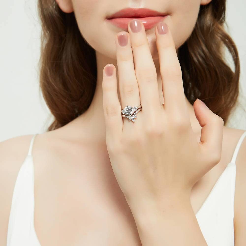 BERRICLE Sterling Silver 3-Stone Wedding Engagement Rings Round Cubic Zirconia CZ 7-Stone Ring Set for Women, Rhodium Plated Size 6