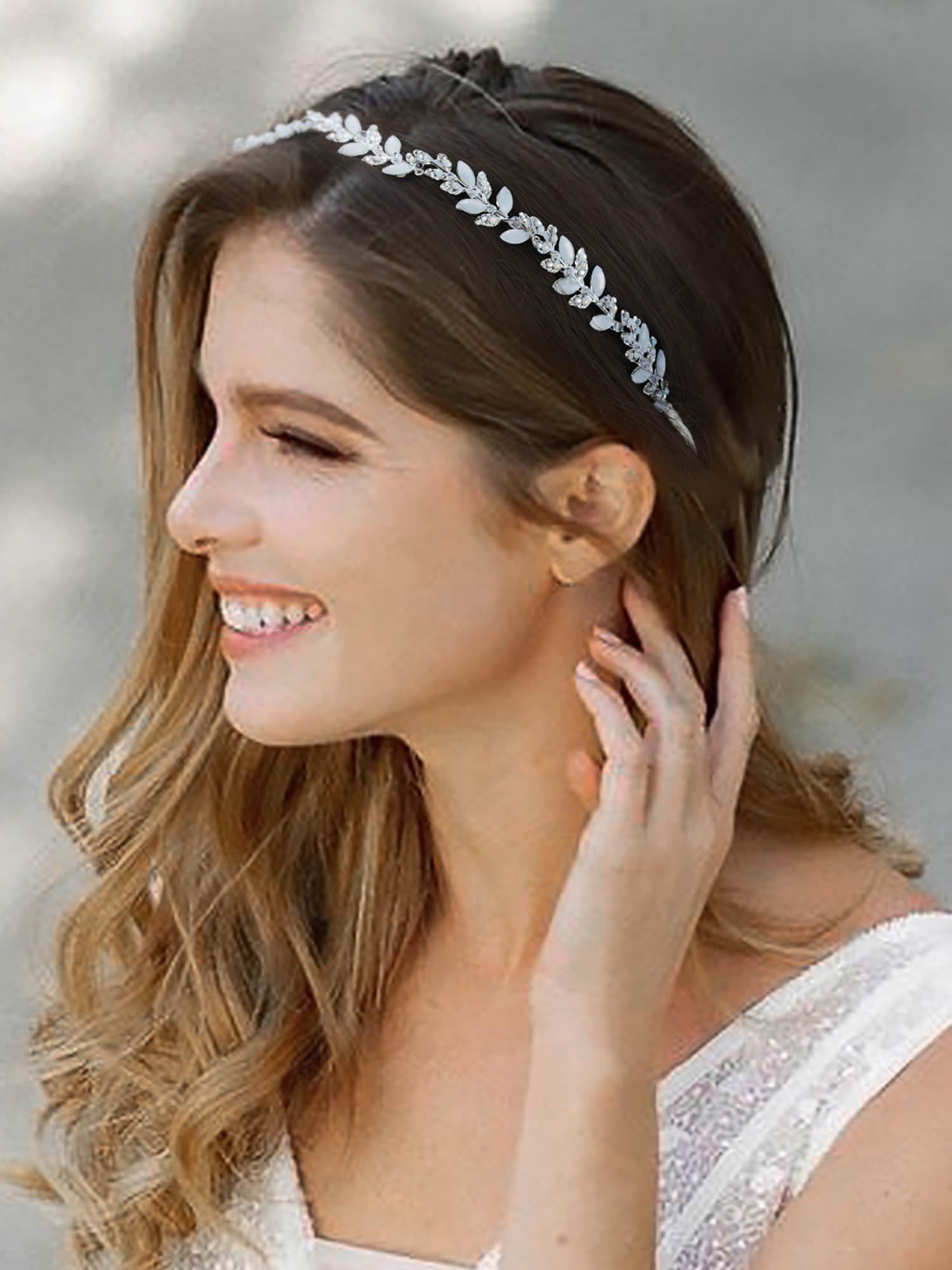 SWEETV Leaf Wedding Headband Crystal Opal Bridal Headpieces for Wedding Hair Accessories for Brides Hair Vine Silver