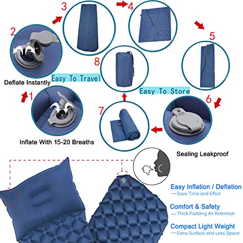 Camping Sleeping Pad - Mat Hiking Air Mattress Lightweight, Inflatable & Compact, Camp Sleep Pad with Pillow for Backpacking Traveling (Blue)