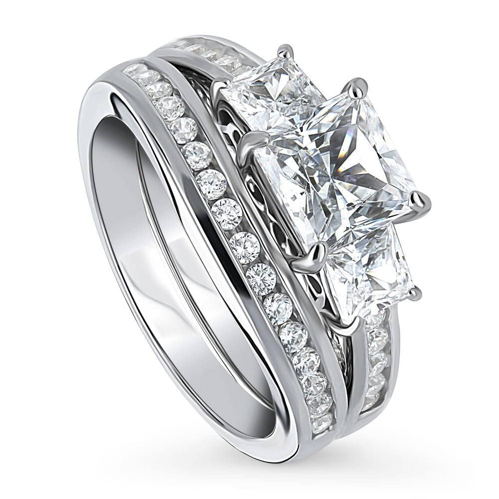 BERRICLE Sterling Silver 3-Stone Wedding Engagement Rings Princess Cut Cubic Zirconia CZ Ring Set for Women, Rhodium Plated Size 8