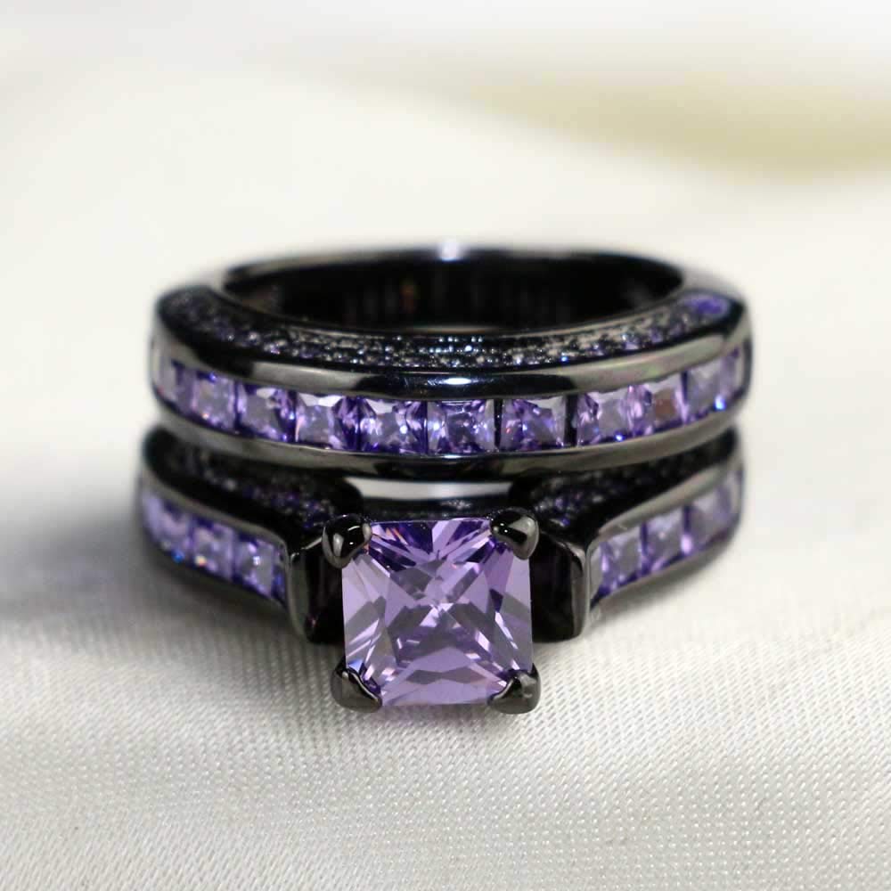Black Gold Plated Womens Wedding Ring Sets Bridal Sets Princess cut Purple Cz Engagement Ring Wedding Bands