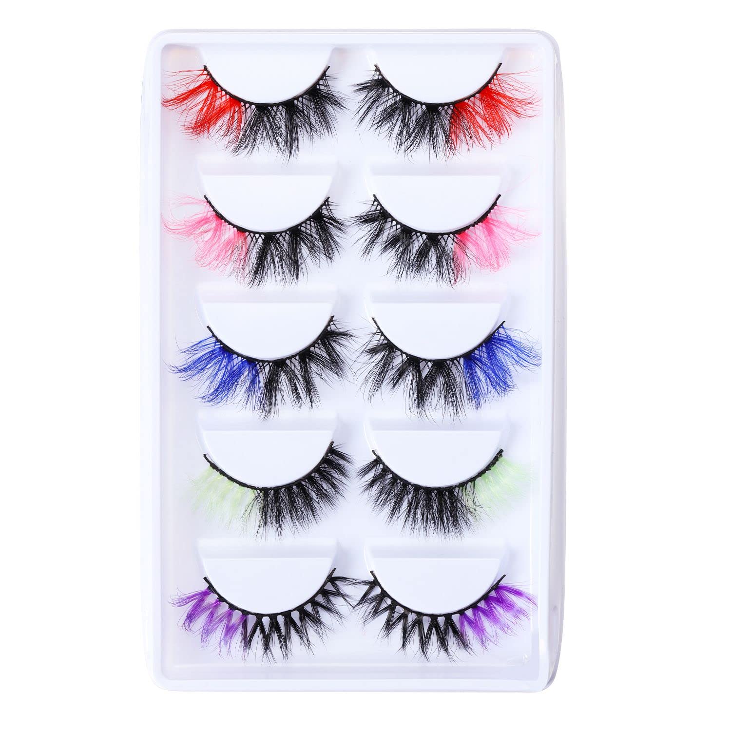 gootrades 2023 5 Pairs Colored False Eyelashes Pack, 3D Fluffy Faux Mink Color Eye Lashes Strip Wipsy Multicolored Two-Toned Fake Lashes for Daily Christmas Cosplay, Red/Pink/Blue/Green/Purple Lashes on the End