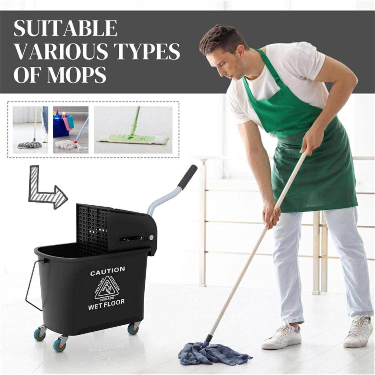 Commercial Mop Bucket with Wringer on Wheels, 21 quart Plastic Tandem Mopping Bucket Dirty Water Separator for Home Office Floor Cleaning
