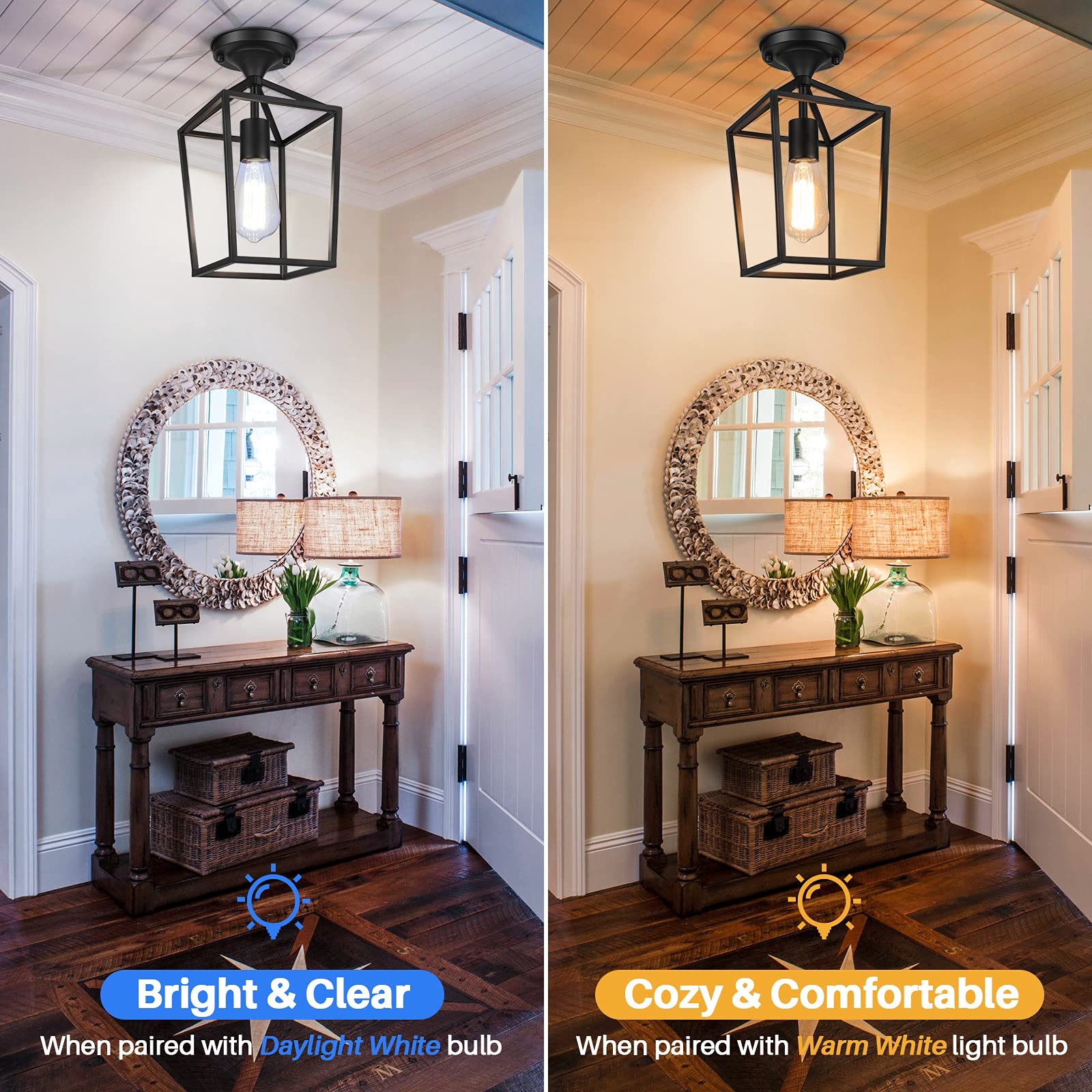 BesLowe 2-Pack Farmhouse Semi Flush Mount Ceiling Light Fixtures for Hallway, Industrial Close to Ceiling Lighting for Entryway Kitchen Foyer Laundry, Black