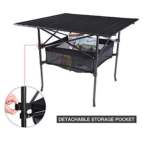 CAMPMOON Aluminum Camping Table Roll Top with Mesh Storage, Folding Lightweight Roll Up Table Square for Outdoor Camping Grill, Black, 34.6X34.6 Inch