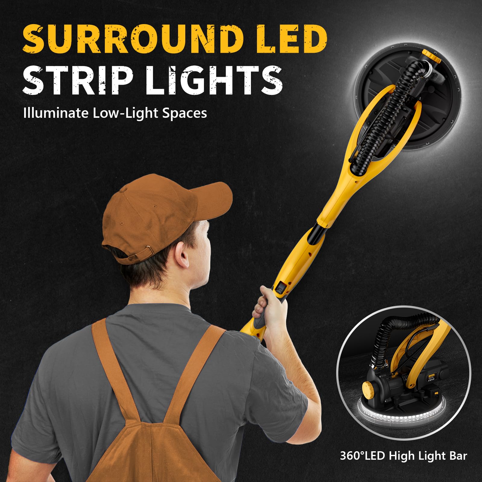 Drywall Sander, 1050W Electric Drywall Sander with Vacuum Dust Collection, 2100RPM Wall Sander with 7 Variable Speed, Foldable & Extendable Handle, Double-Deck LED Light, Dust Bag and Hose