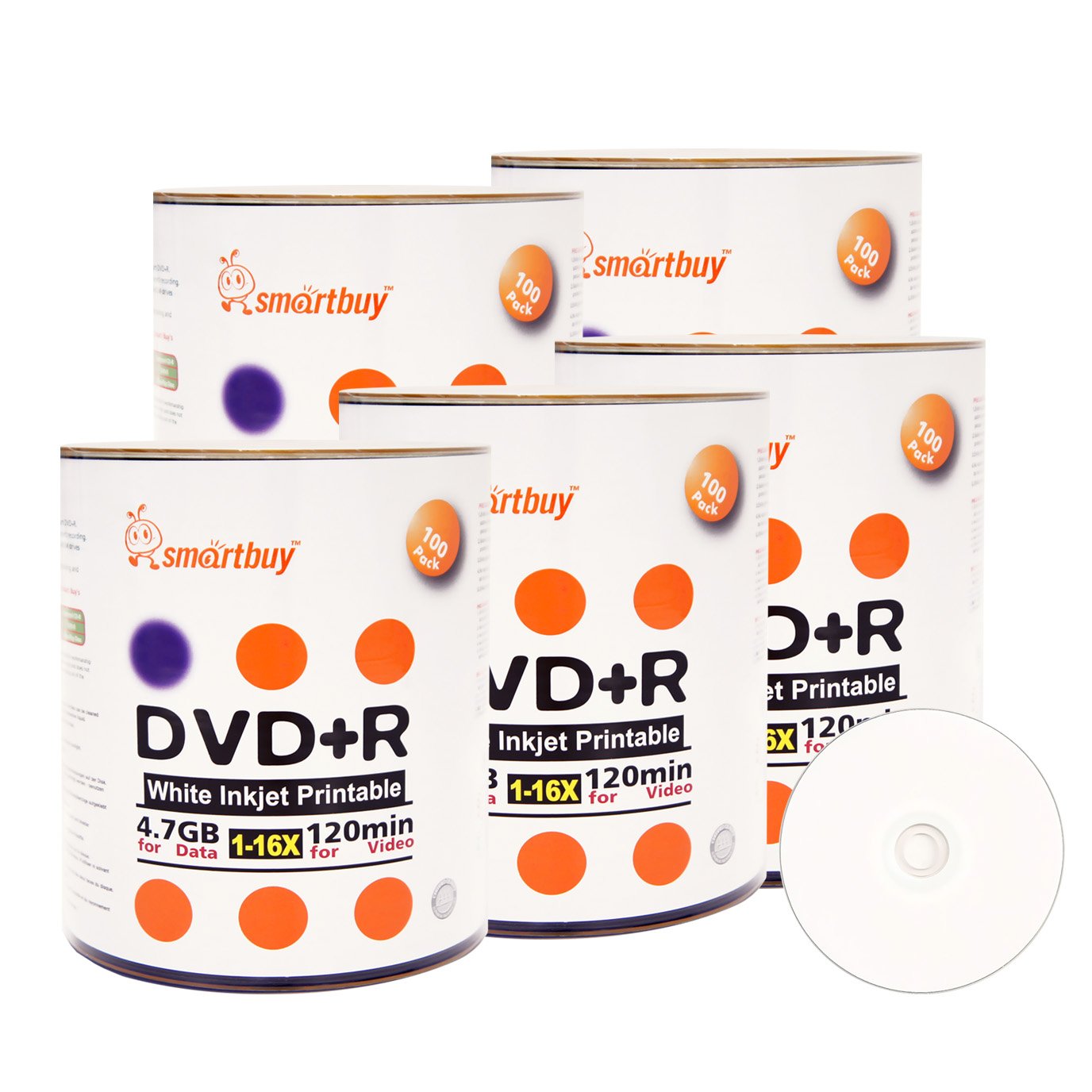Smartbuy 4.7gb/120min 16x DVD+R White Inkjet Hub Printable Blank Media Recordable Disc (500-Disc)
