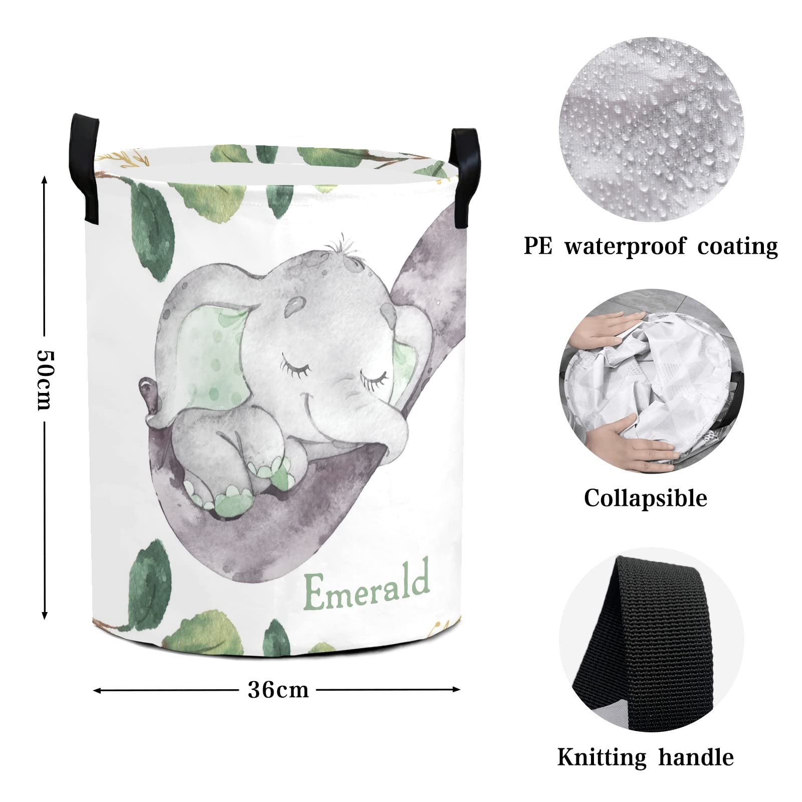 Custom Green Watercolor Elephant Laundry Basket Handles Collapsible Hamper Foldable Storage Bin Living Room Office Bathroom Bedroom