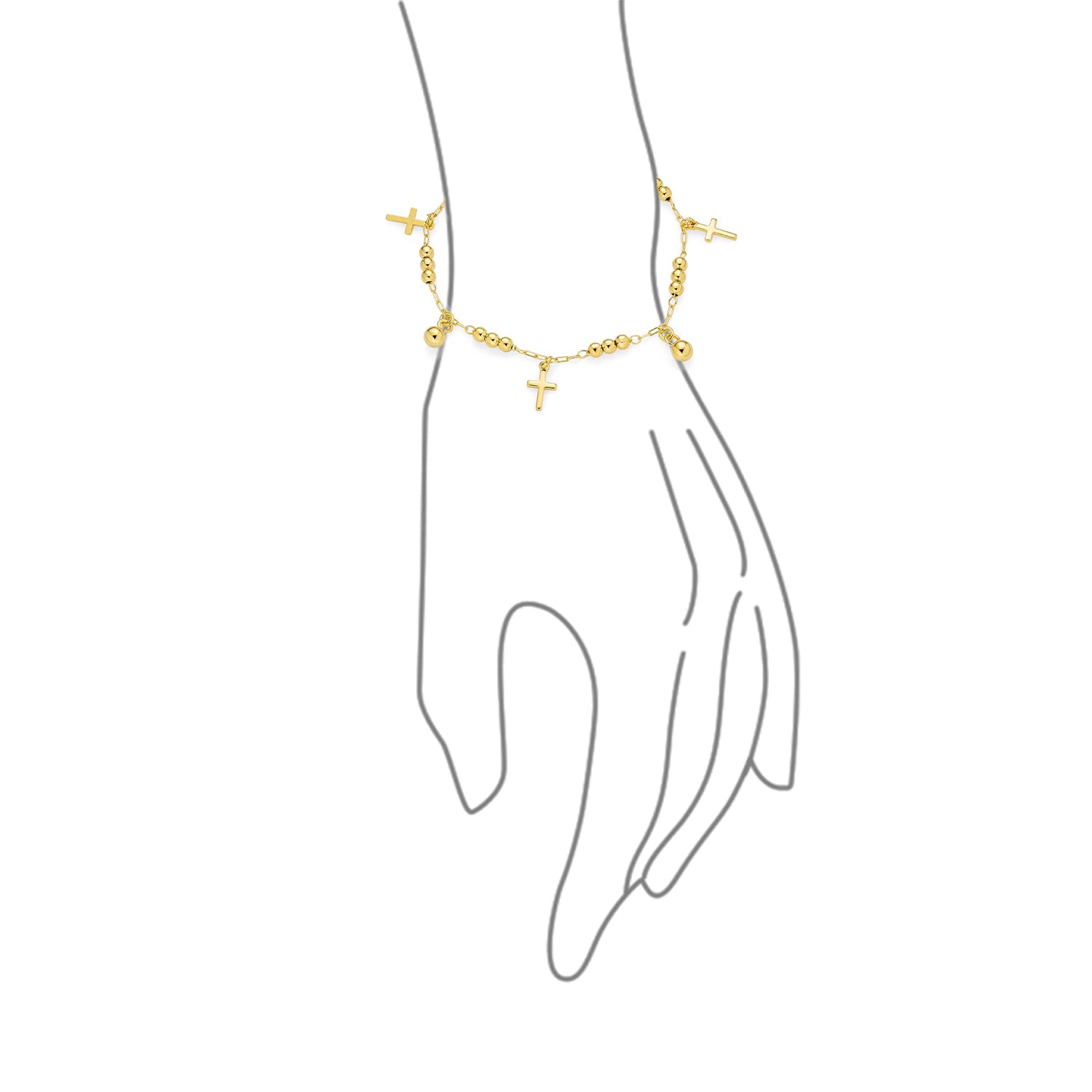 Christian Religious Spiritual Beads Bells Dangle Charm Multi Cross Bracelet for Women Teens 18K Gold Plated Brass 7.5 Inch