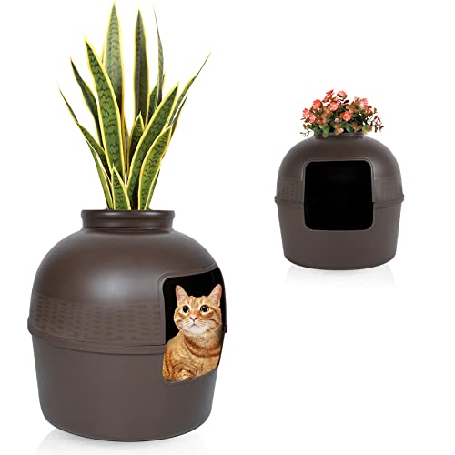 Hawsaiy Hidden Litter Box Enclosure, Plant Cat Litter Box Furniture Includes Faux Plant and Real Stones, Replaceable for Real Flowers Brown